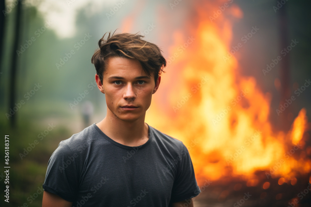 young man stands amidst the devastation caused by a forest fire ...
