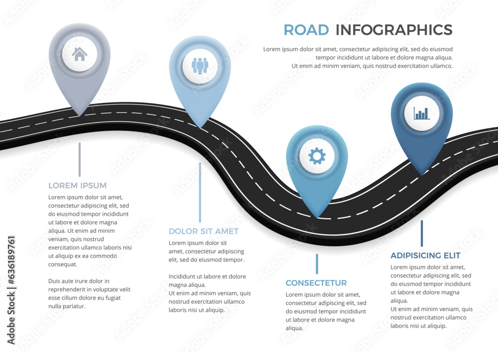 Road infographics template with four elements with place for your icons ...