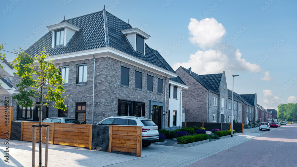 Dutch Suburban area with modern family houses, newly built modern ...