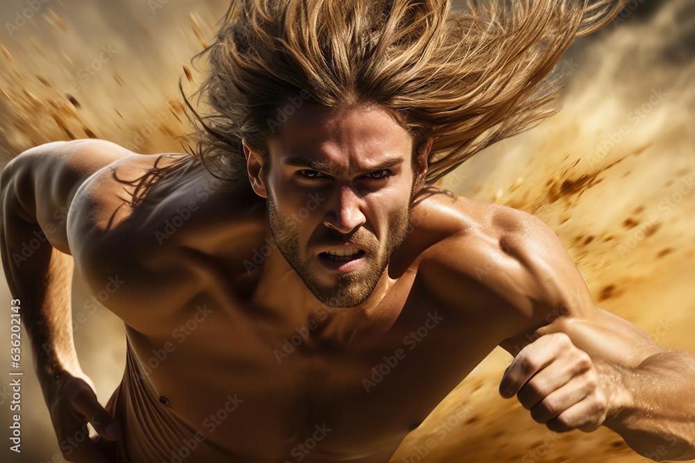 Athlete in full acceleration, aided by a powerful gust of wind ...