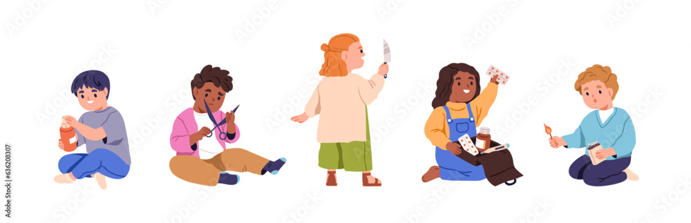 Kids in danger set. Children and safety, accident risks, dangerous ...