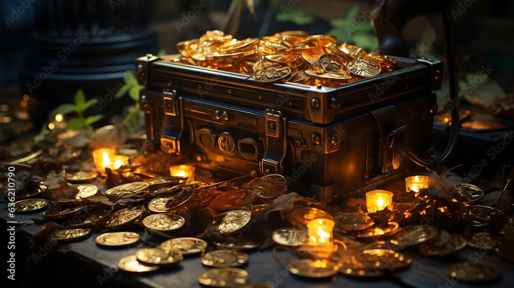 Glowing Treasure in a room with piles of gold. Old open steampunk ...