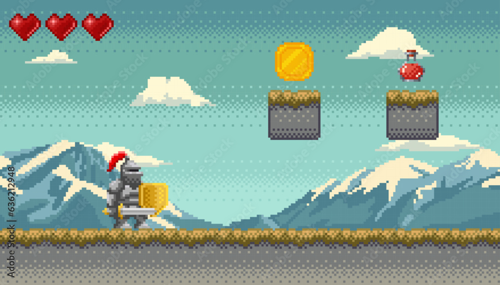 Pixel art style, knight in armor with sword and shield with mountains ...