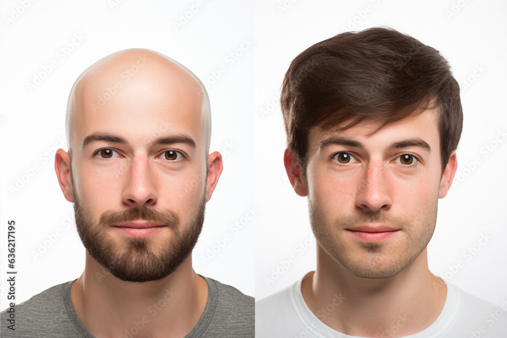 Portrait of young bald man before and after wearing wig. Stock ...