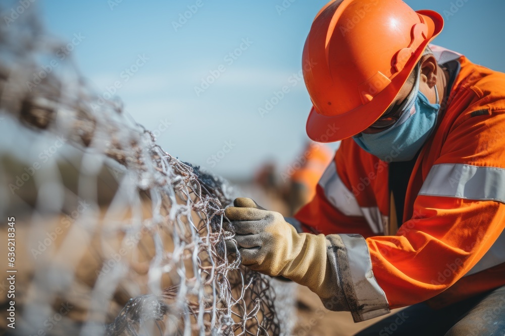 Man workers wearing safety helmets and gloves install chain wire mesh ...