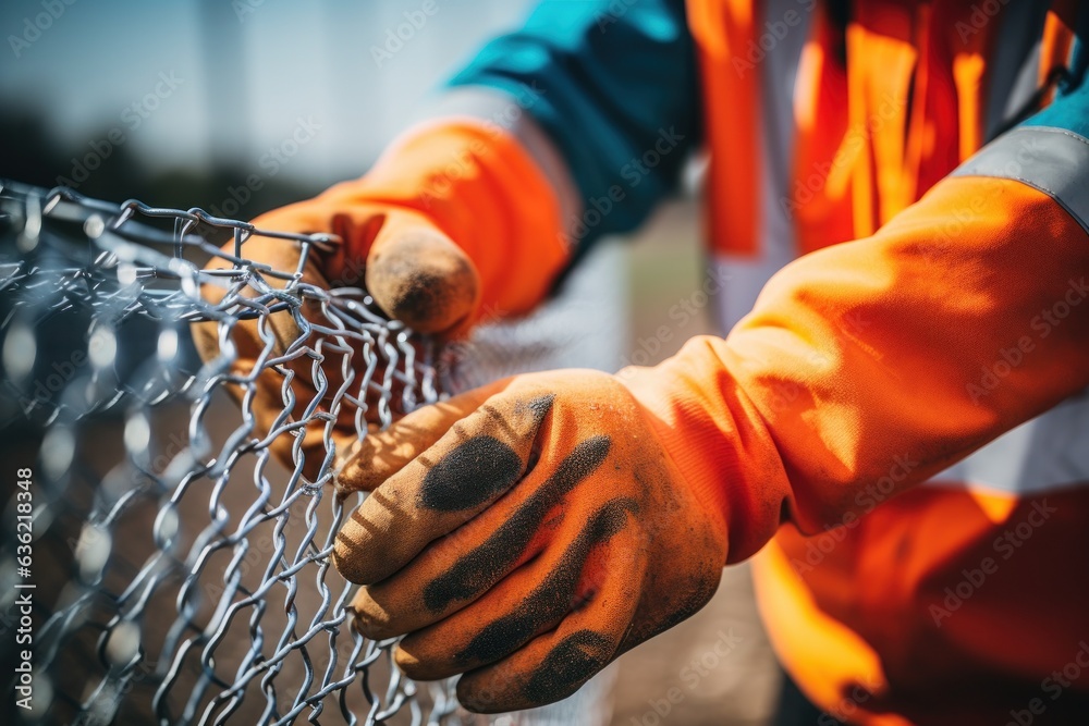 Man workers wearing safety helmets and gloves install chain wire mesh ...