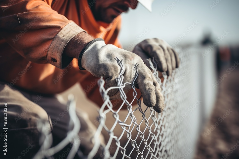 Man workers wearing safety helmets and gloves install chain wire mesh ...