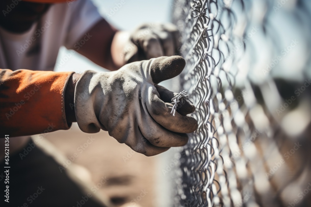 Man workers wearing safety helmets and gloves install chain wire mesh ...