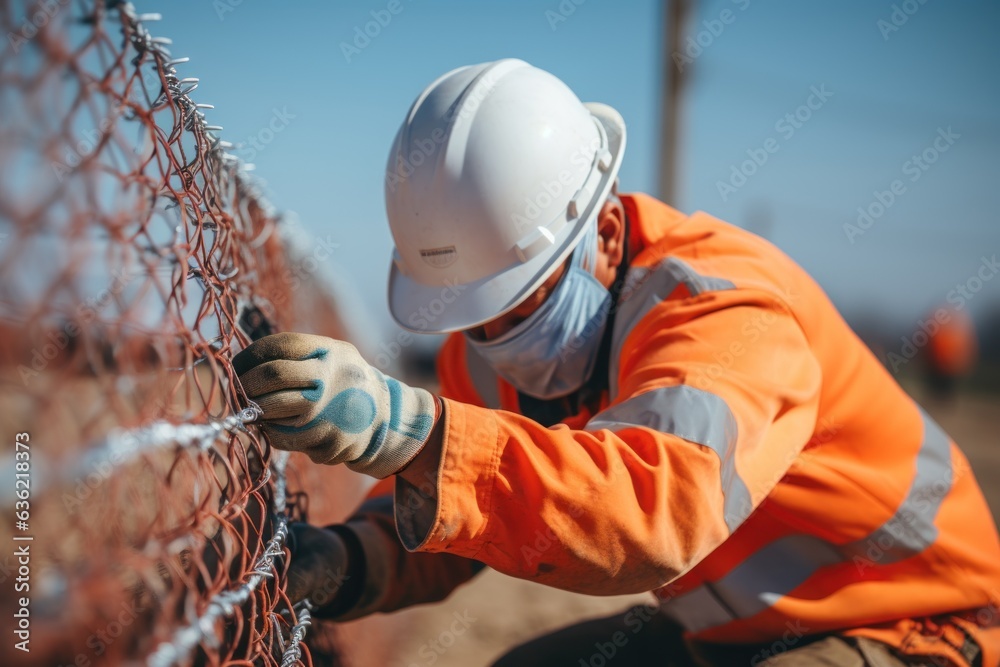Man workers wearing safety helmets and gloves install chain wire mesh ...