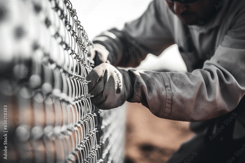 Man workers wearing safety helmets and gloves install chain wire mesh ...