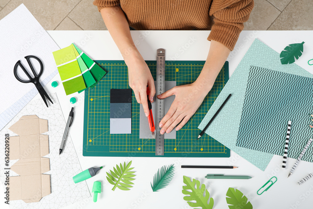 Patchwork accessories concept on white background, cutting mat Stock ...