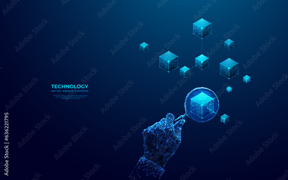 Abstract human hand with magnifying study blockchain icon. Research and ...