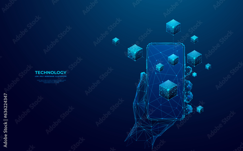 Abstract hand-holding phone with blockchain on an empty screen. Digital ...