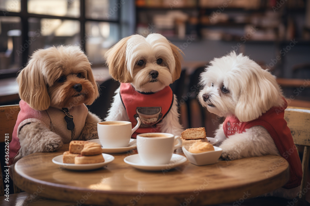 Three cute puppies having coffee in a coffee shop. Surreal concept for ...