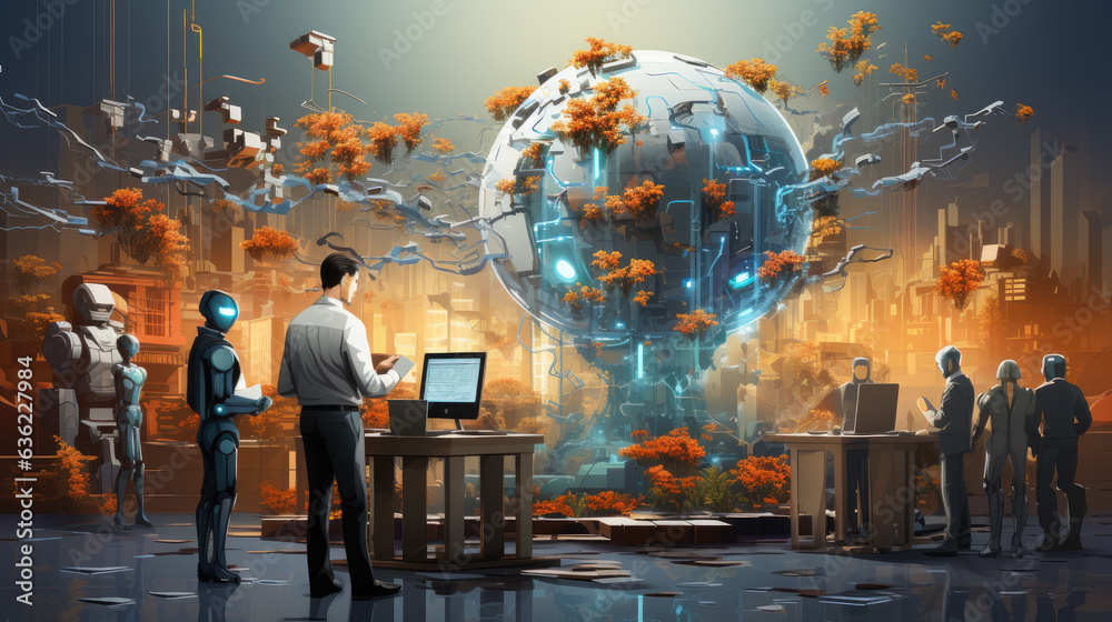 An illustration of a businessman interacting with a virtual assistant ...