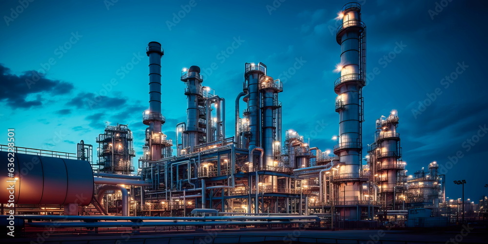 A modern petrochemical plant with intricate piping systems ...