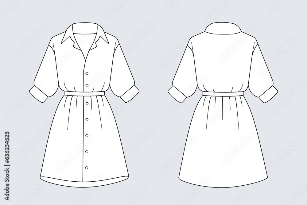 Female dress vector template isolated on a grey background. Front and ...