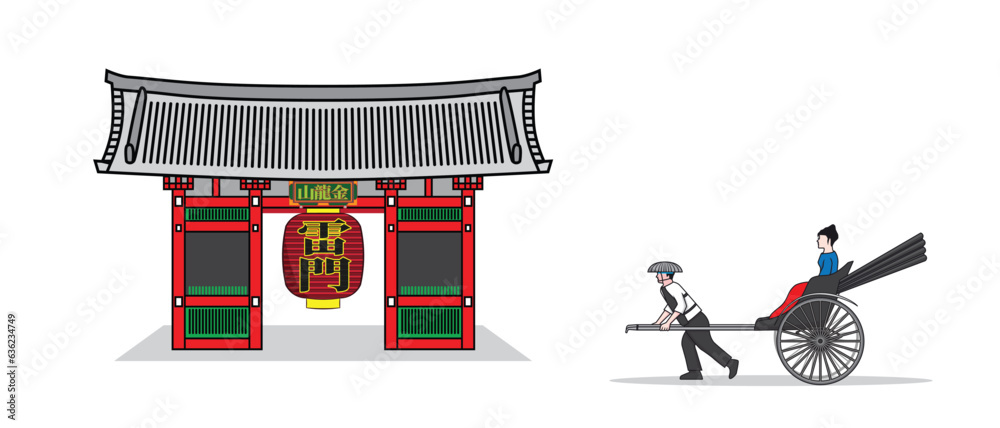 rickshaw puller with lady or woman passenger background with Asakusa or ...