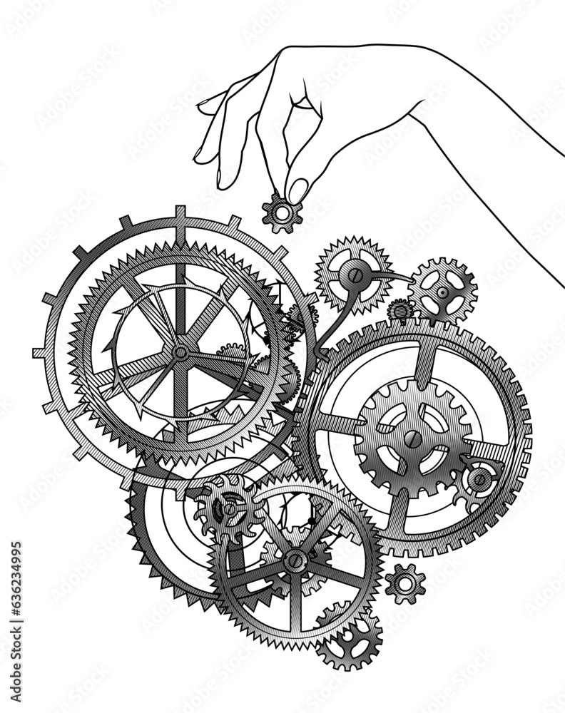 Female hand holding a gear in the fingers and gear wheels of clockwork ...