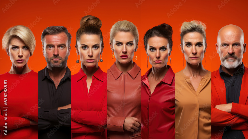 Group of people in front of a orange background with different angry ...