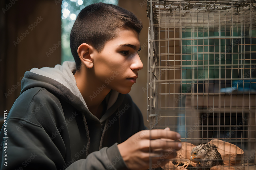 A teenage boy of Hispanic origin volunteering at an animal shelter ...