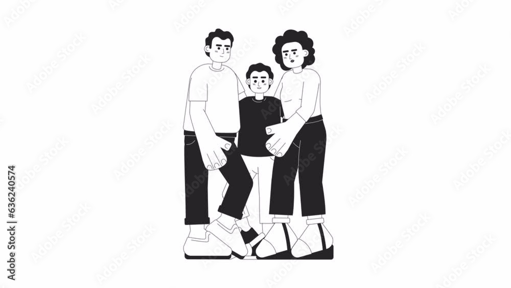 Smiling mixed race family hugging bw cartoon animation. Parents kid 4K ...