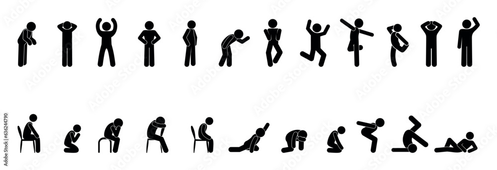 stick figure man icon, people stand, walk, sit, dance, set of human ...