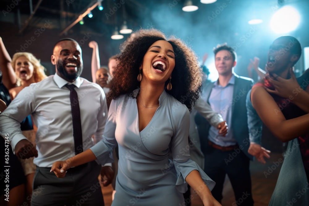 Coworkers dancing, smiling at corporate event. Concept of teamwork and ...