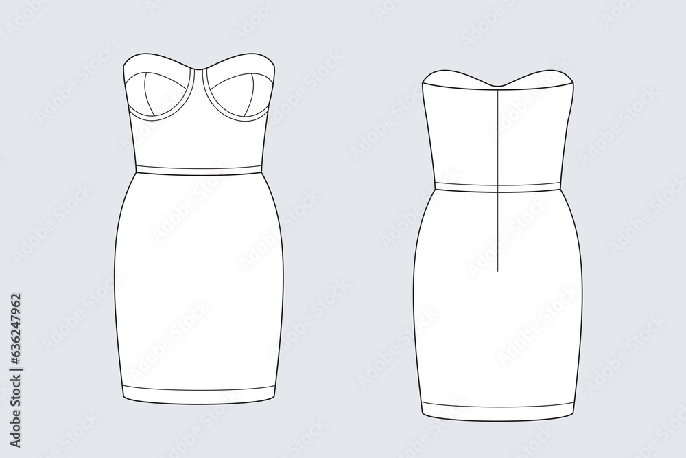 Female dress vector template isolated on a grey background. Front and ...