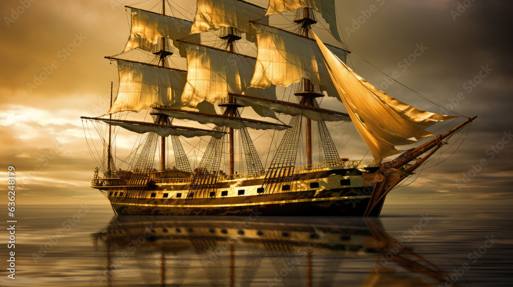 Golden barque ship with square sails on luxury abstract wave art ...
