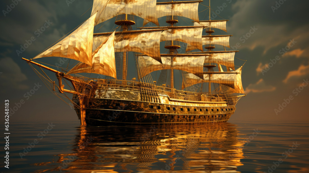 Golden barque ship with square sails on luxury abstract wave art ...