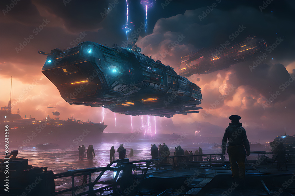 Sci-fi futuristic wallpaper. Landing of a huge spaceship on the base at ...