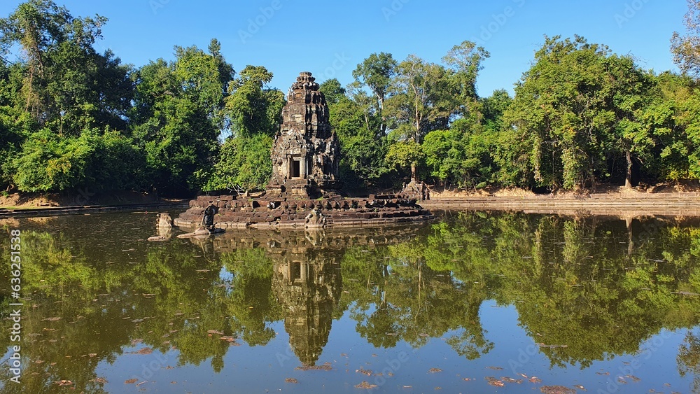 Neak Pean (or Neak Poan) at Angkor, Cambodia is an artificial island ...