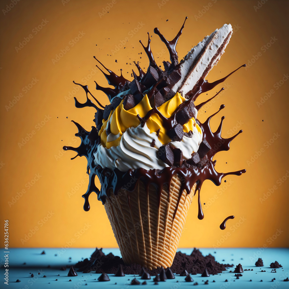 Delicious splash ice cream cone design with exploding and liquify ...