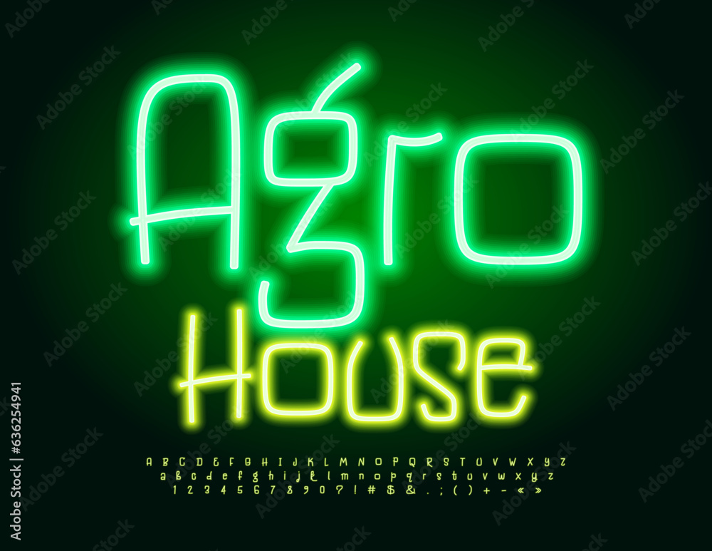 Vector glowing banner Agro House. Bright Neon Font. Modern Alphabet ...