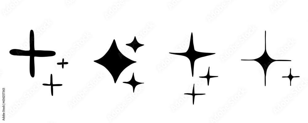 Hand drawn stars. Doodle Sparkle twinkle stars symbols. Set of vector ...