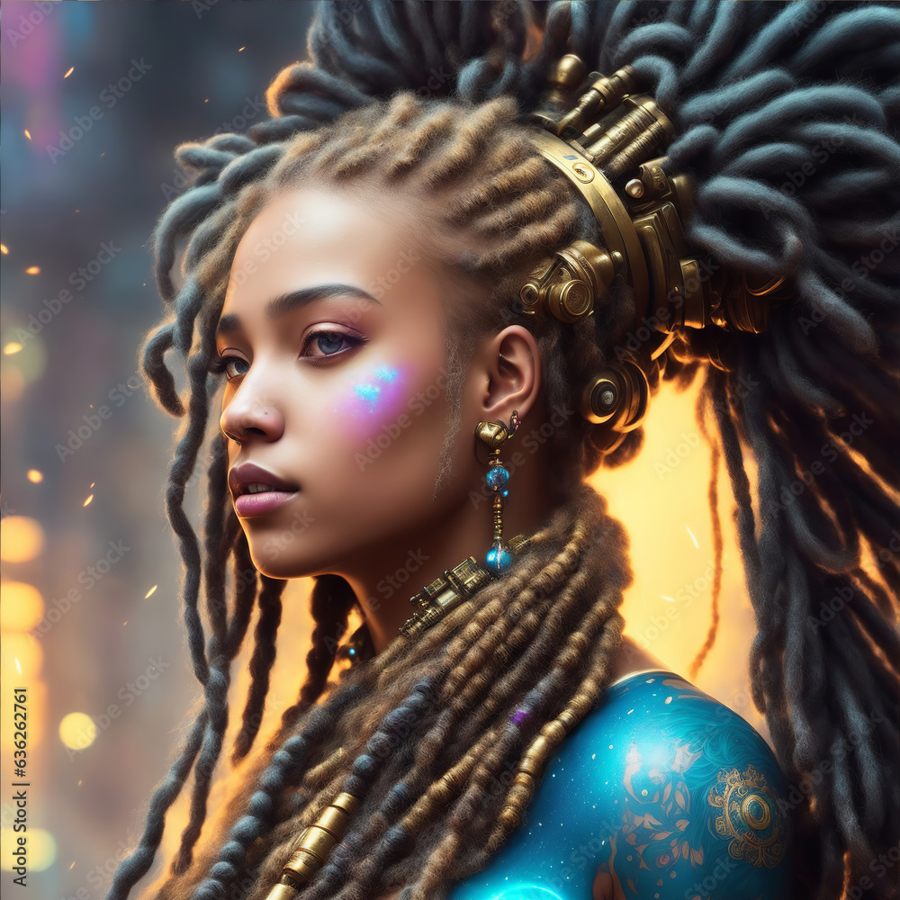 Illustration of beautiful young Cyberpunk Woman with long dreadlocks ...
