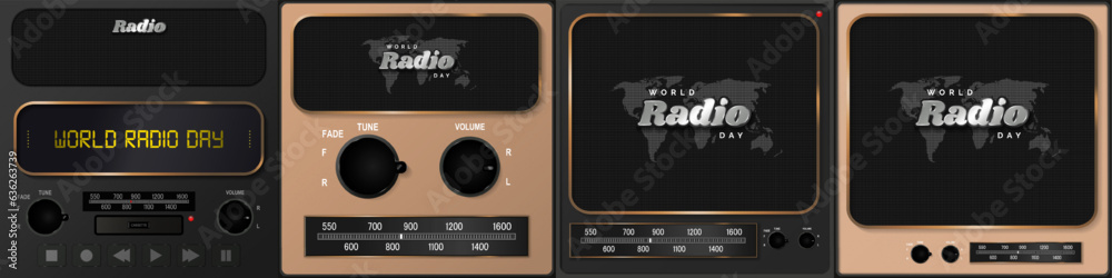 World Radio Day Poster Set Greeting Cards. Radio Speaker mesh with ...