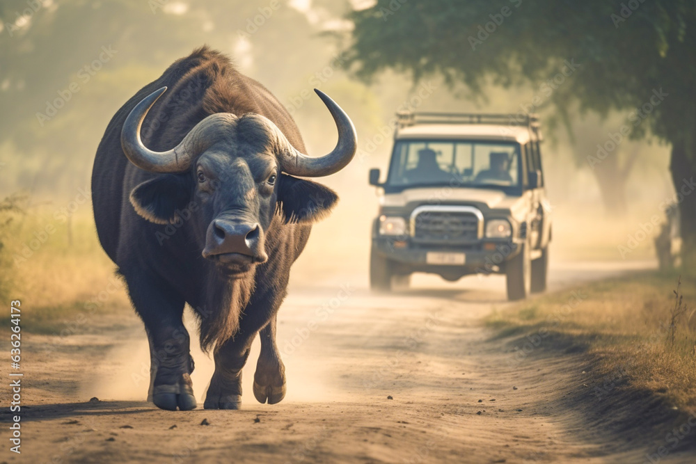 Buffalo crosses the road in the national park against the backdrop of ...