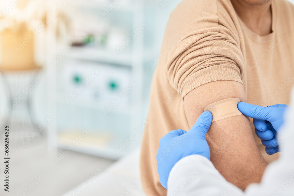 Bandaid, vaccine and patient with doctor for healthcare, first aid ...
