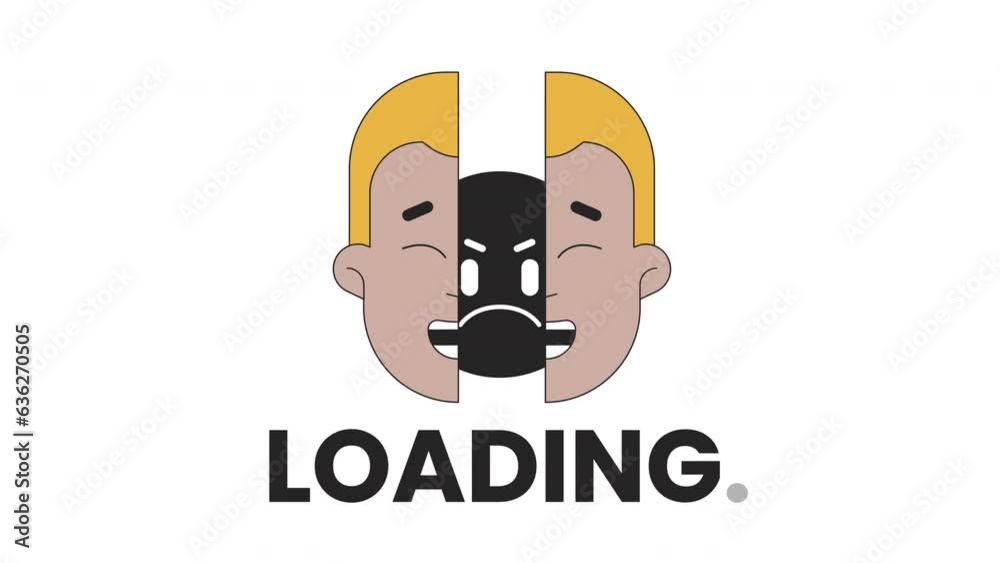 Hypocrite fake guy split face line 2D loading animation. Happy man head ...
