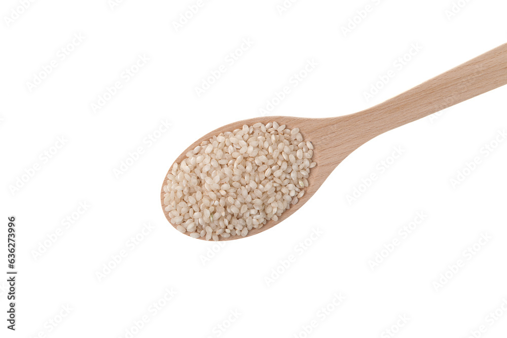 Bomba rice in wooden spoon on white background, top view. Spanish food ...