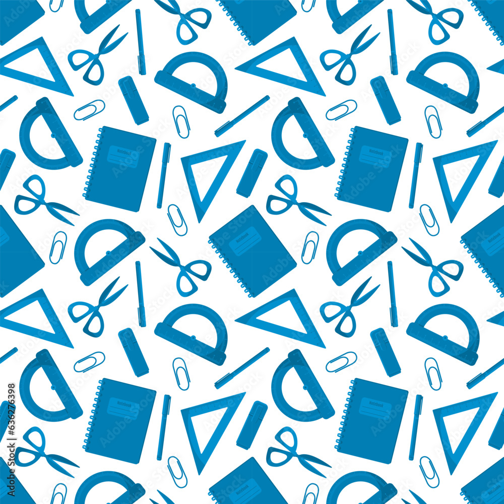 Seamless monochrome blue pattern with school supplies: rulers,scissors ...