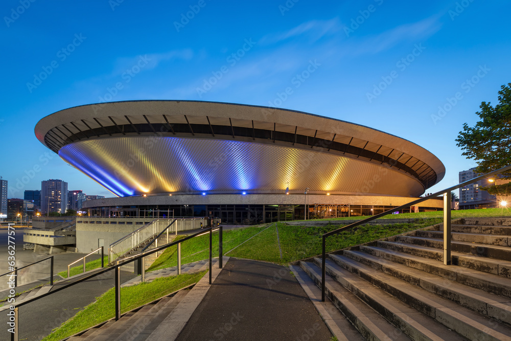 Katowice, Poland - July 18, 2023: View of illuminated Spodek arena ...