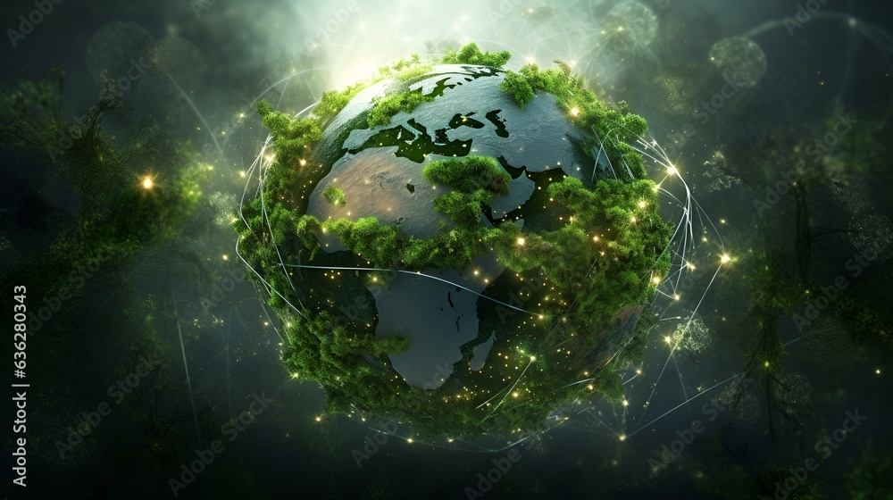 Illustration of an interconnected earth overgrown with plants. Concept ...