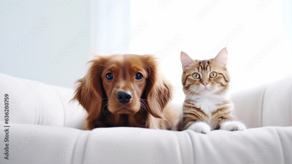 Kitten and puppy sitting together on the sofa in the light room on the ...