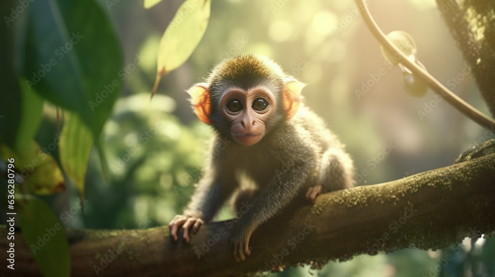 A unique portrait of baby monkey in jungle. Cute new born monkey at on ...