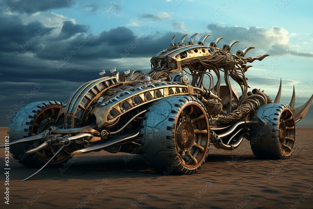 An otherworldly car composed of metallic bones, with a biomechanical ...