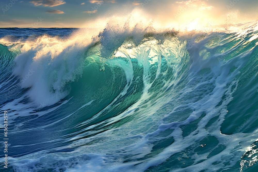 Large tube wave in the ocean at sunset or dawn. Waves middle of the ...