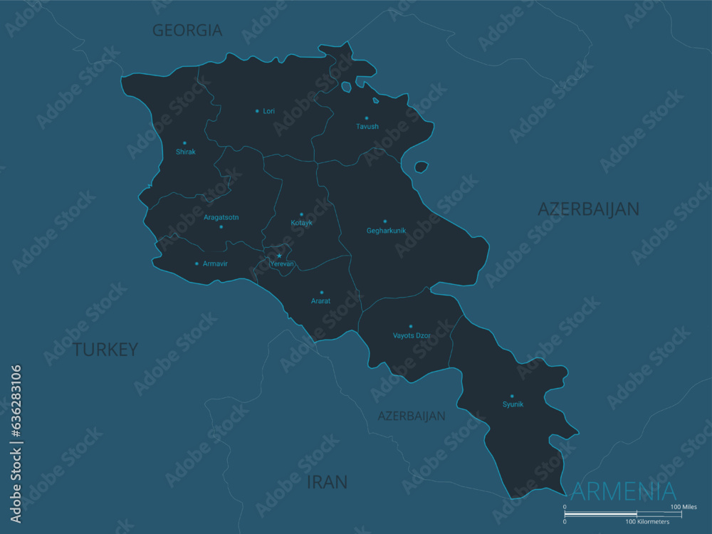 Armenia map. High detailed map of Armenia with countries, borders ...